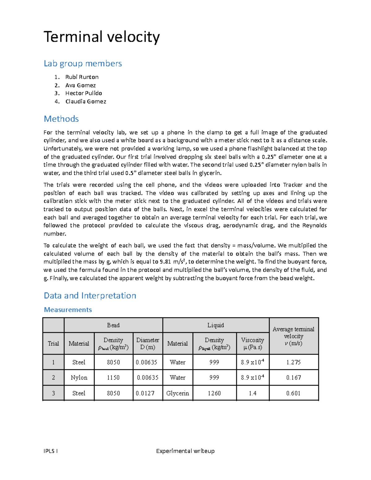 Terminal velocity blank - Terminal velocity Lab group members 1. Rubi ...