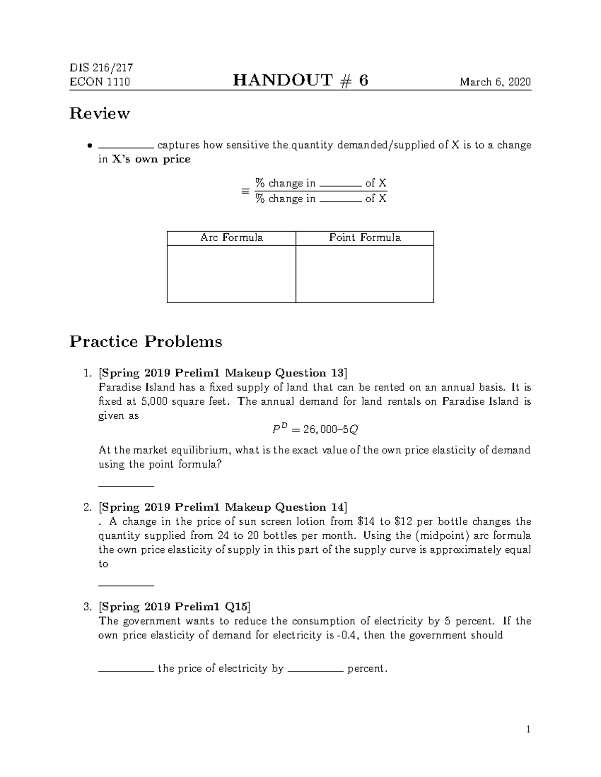 ECON1110 HO6 JISU - Discussion Handouts from ECON 1110 taught by ...