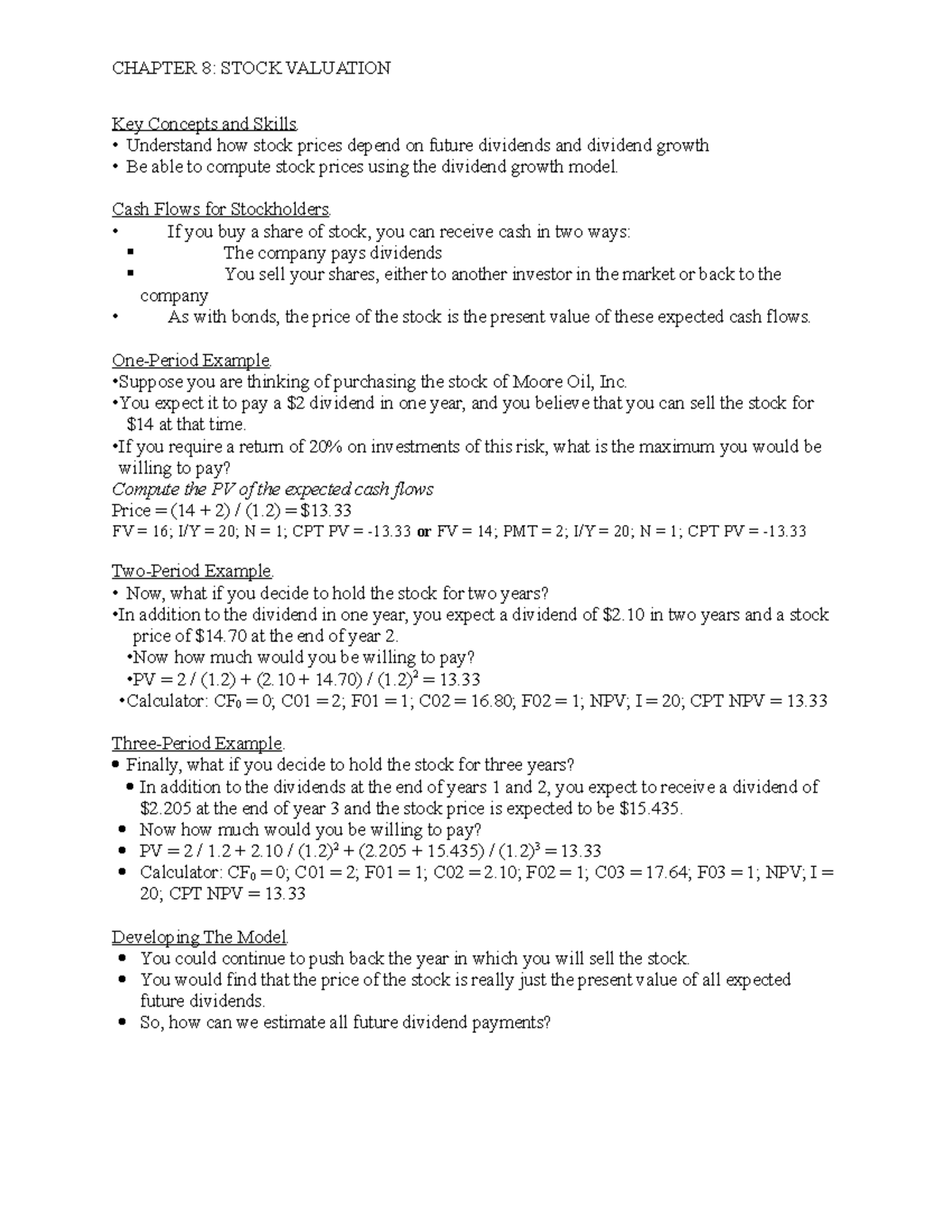 Ch 8 notes finance - CHAPTER 8: STOCK VALUATION Key Concepts and Skills ...