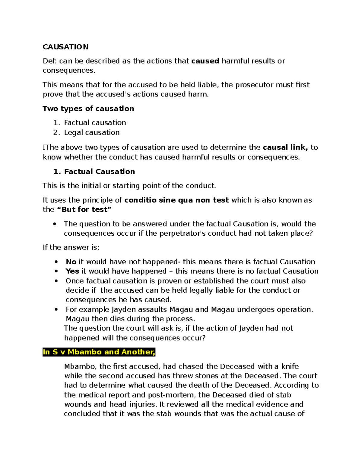 Causation Notes M&M Endeavors - CAUSATION Def: can be described as the ...