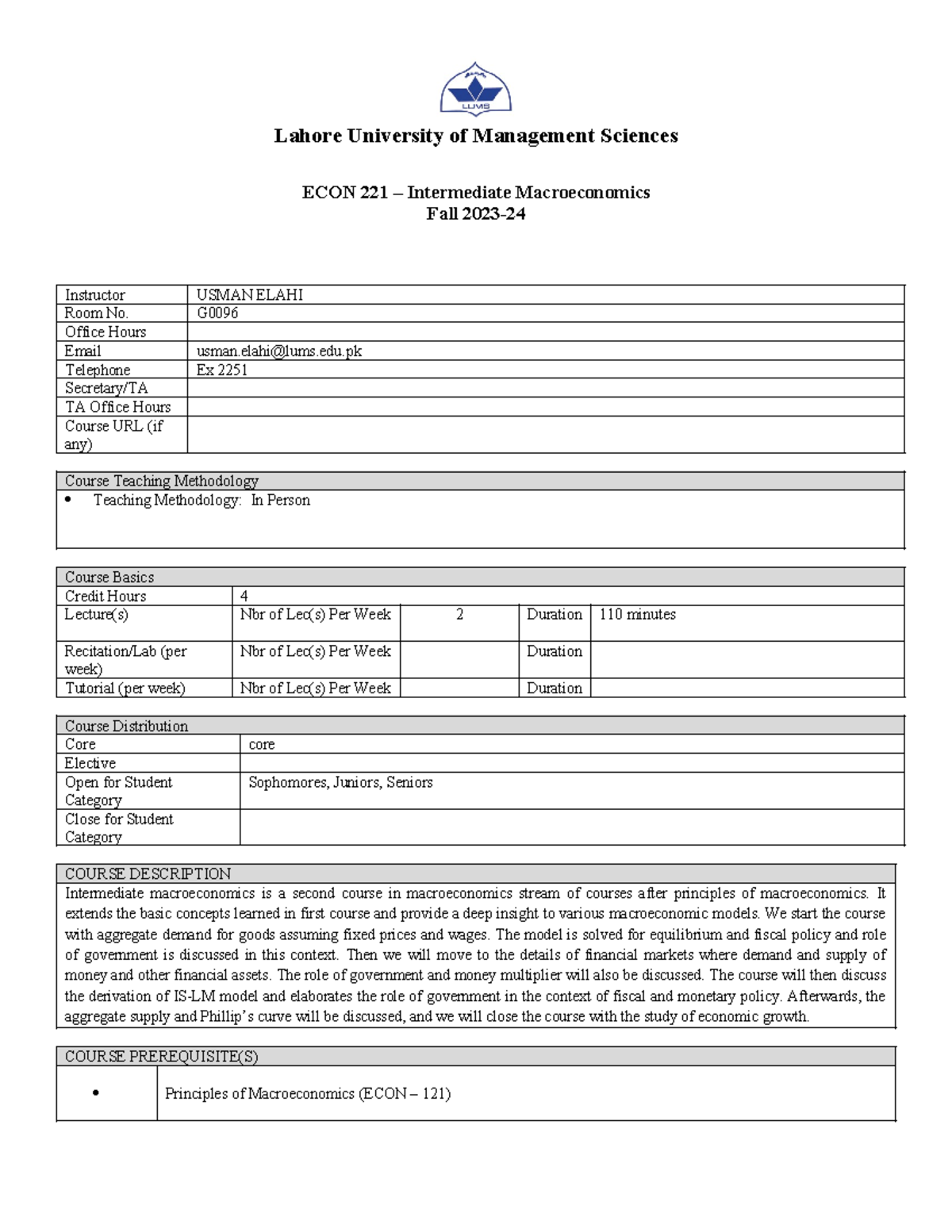 Fall 2023-24 ECON 221 Usman Elahi course outline - Lahore University of ...