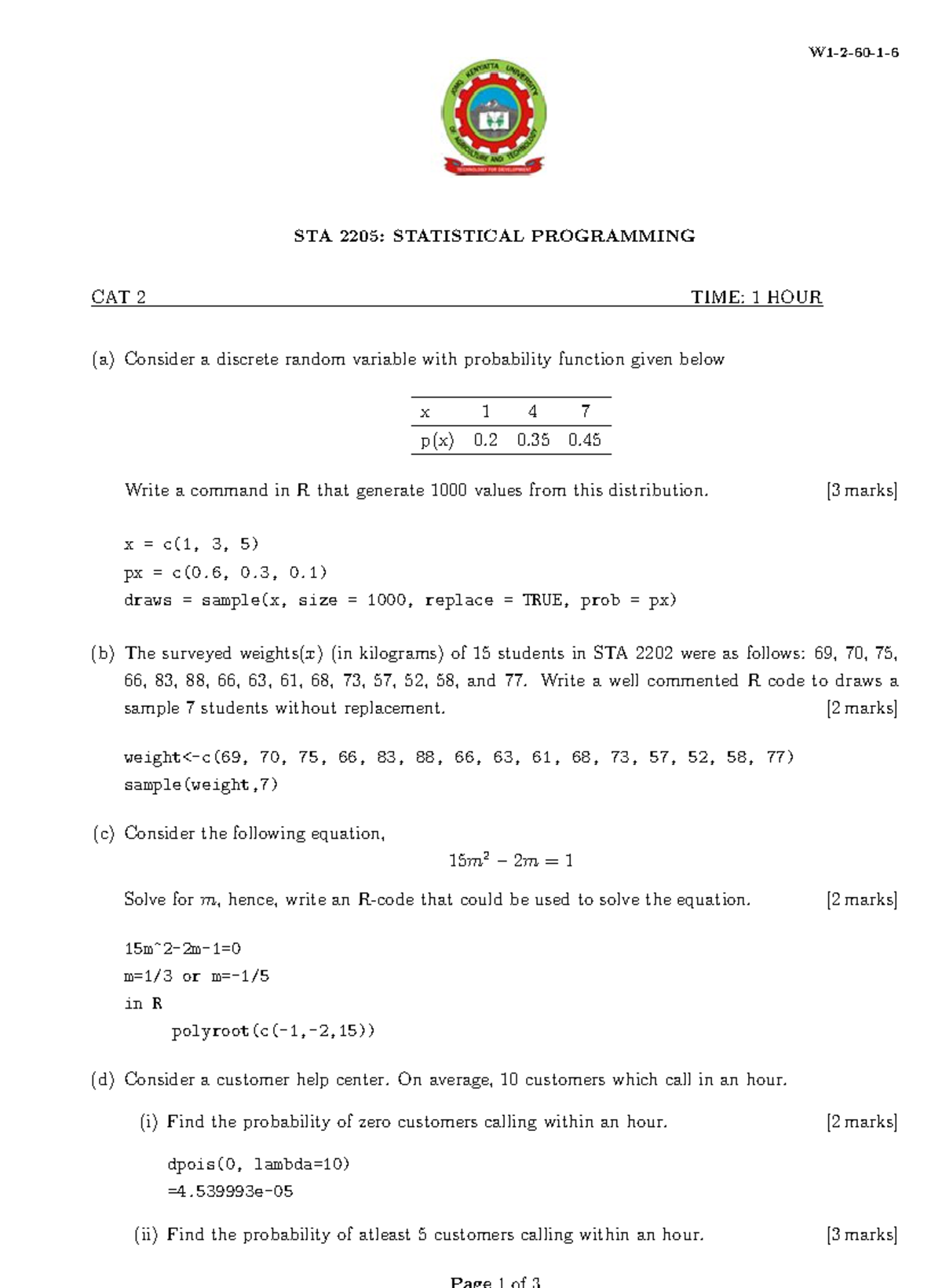STA 2205 CAT 2 2023 - Probability and statistics III CAT 2 - W1-2-60-1- STA 2205: STATISTICAL ...