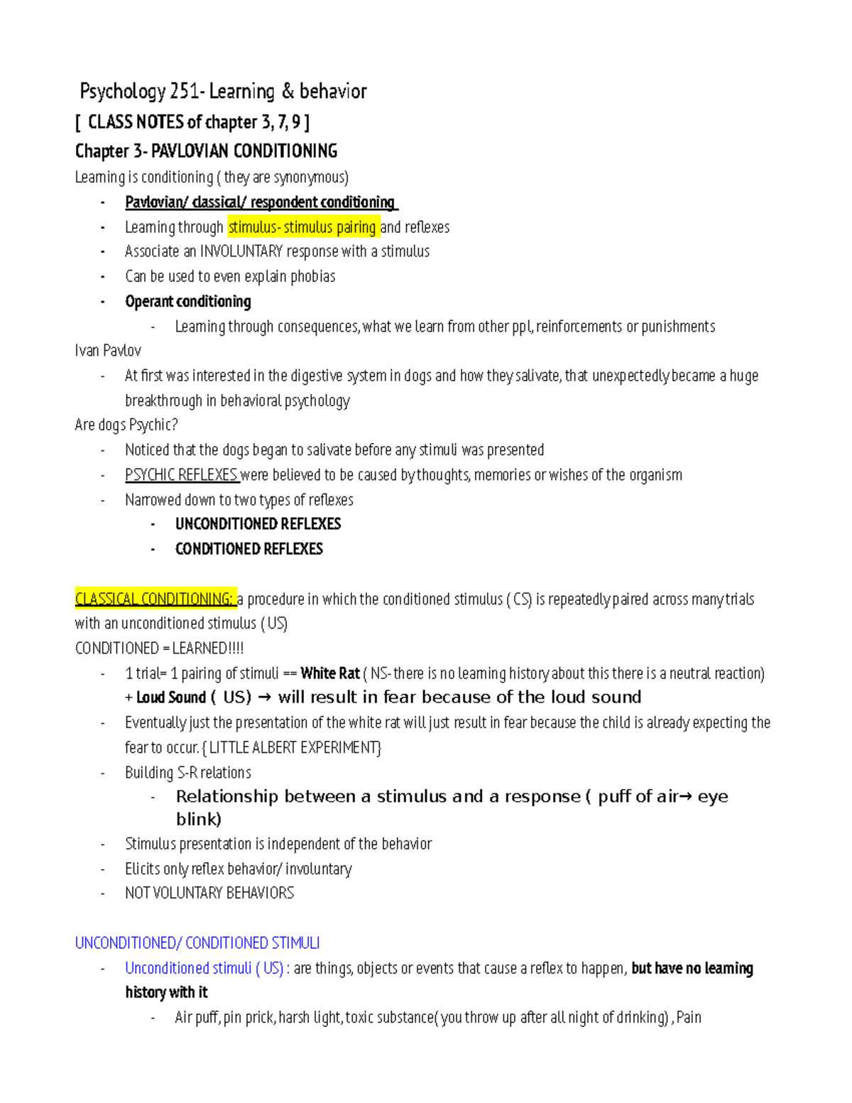 Psych 251- Learning & behavior Class Notes - Psychology 251- Learning ...