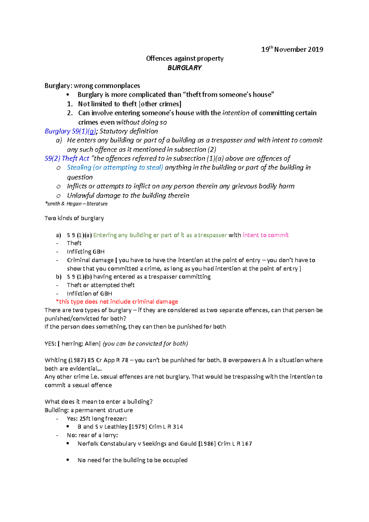 Offences against property BURGLARY - 19 th November 2019 Offences ...