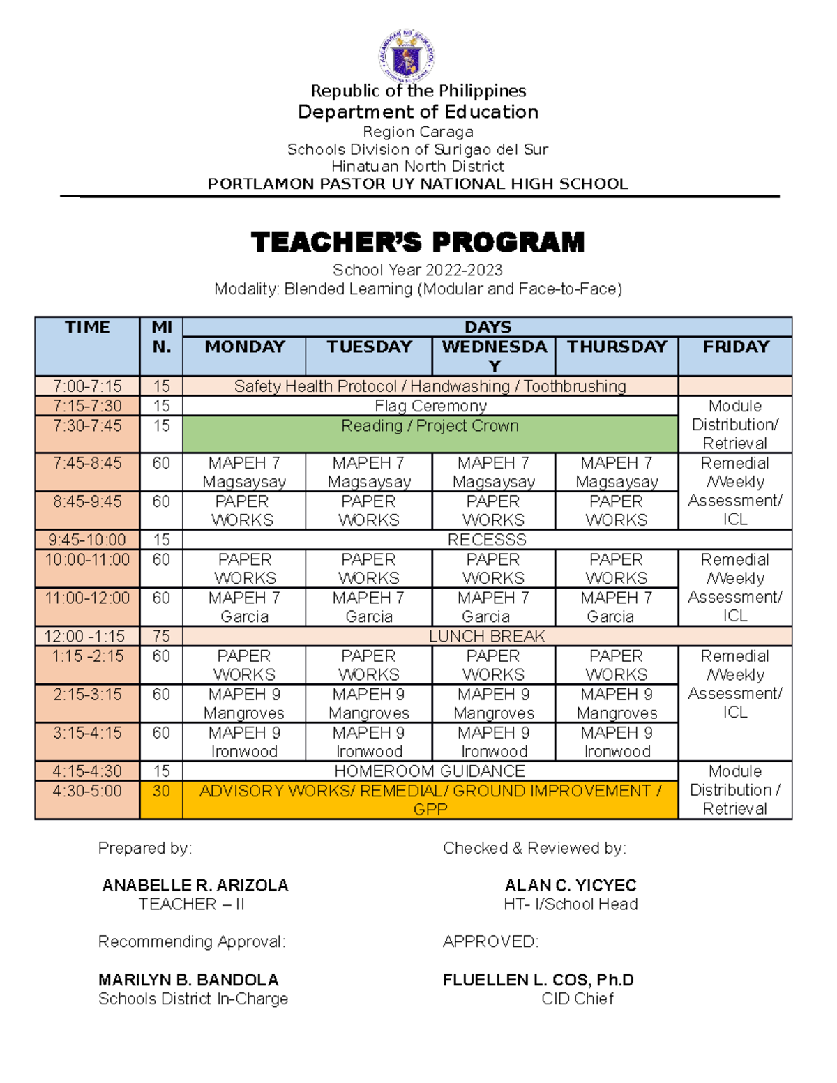 Teacher's program - Department of Education Region Caraga Schools ...