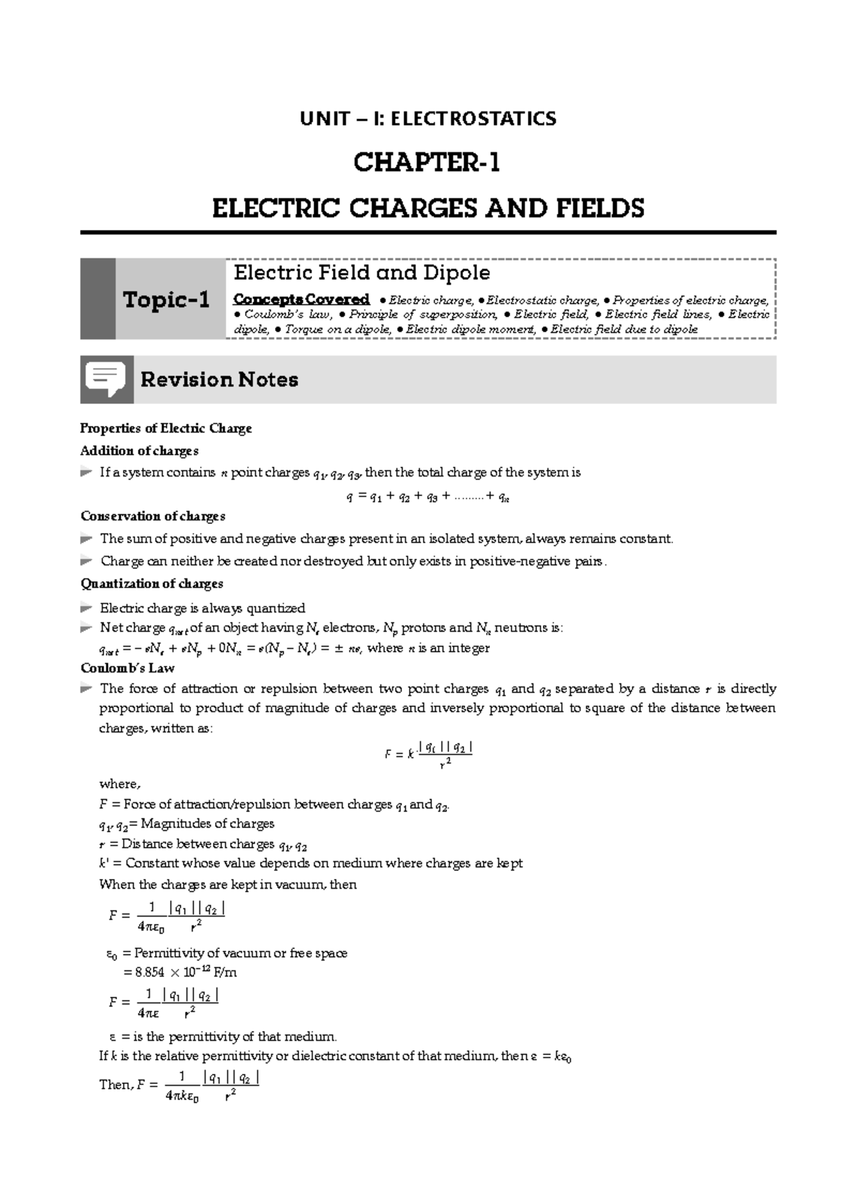 Class XII Revision Notes Physics -12 - UNIT – I: ELECTROSTATICS CHAPTER ...