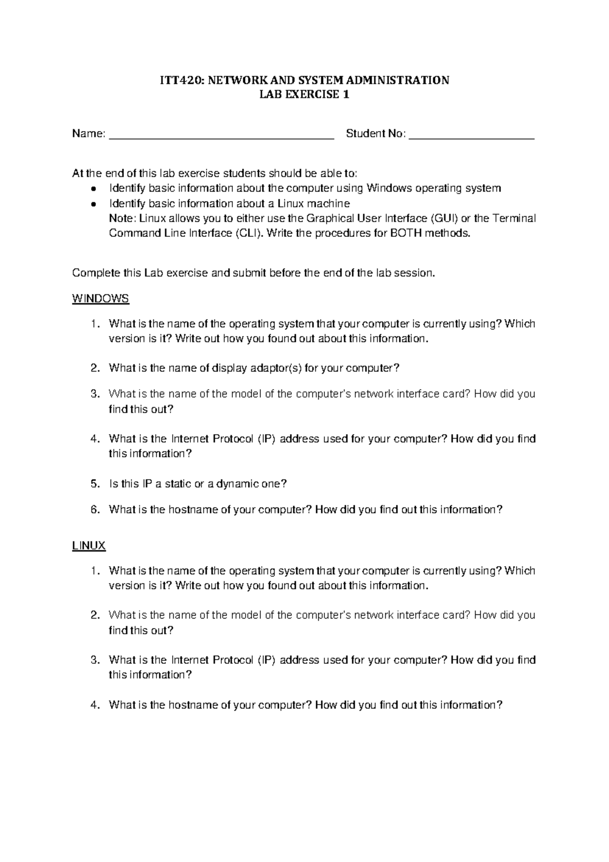 ITT420 Lab 1 - ITT420: NETWORK AND SYSTEM ADMINISTRATION LAB EXERCISE 1 Name: - Studocu