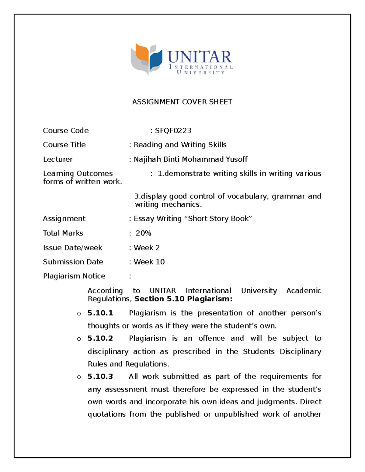 RW MAY2022 Short story Guidance - ASSIGNMENT COVER SHEET Course Code ...