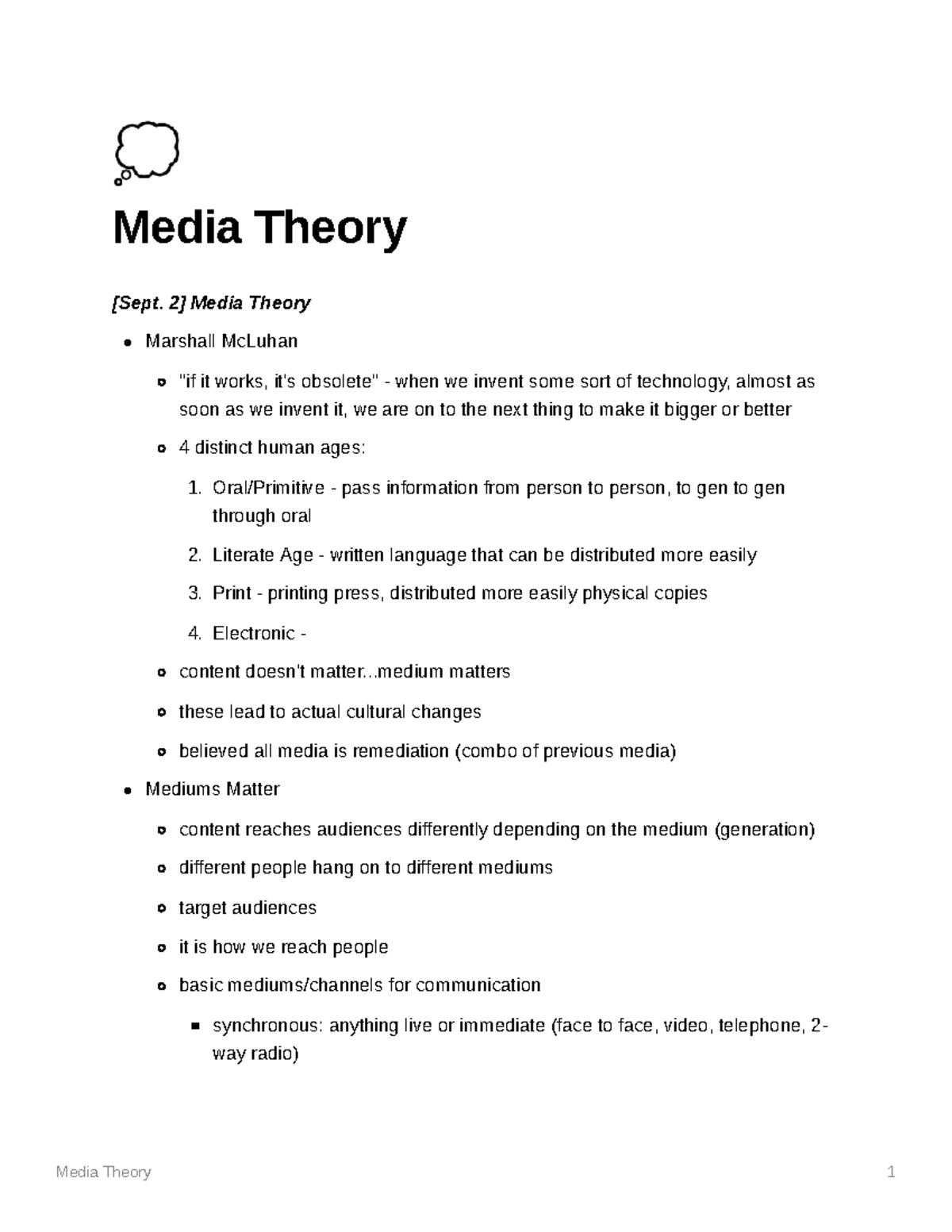 COM 205 Media Theory - Media Theory 1 Media Theory [Sept. 2] Media ...