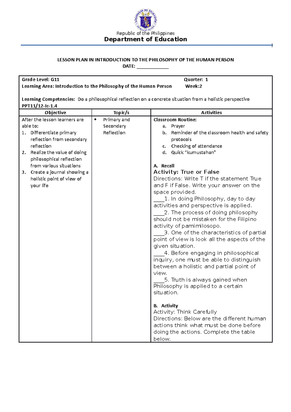 Philosophy Q1 W2 Reflection - Republic of the Philippines Department of ...