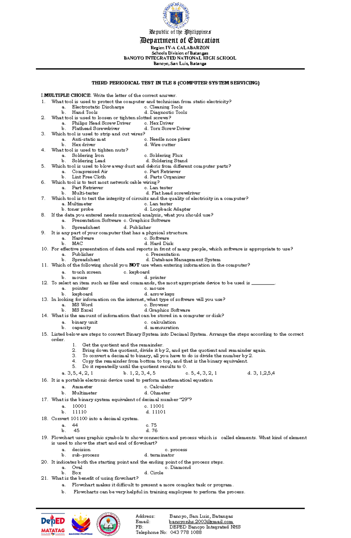 Third Periodic Test TLE 8 - Republic of the Philippines Department of ...