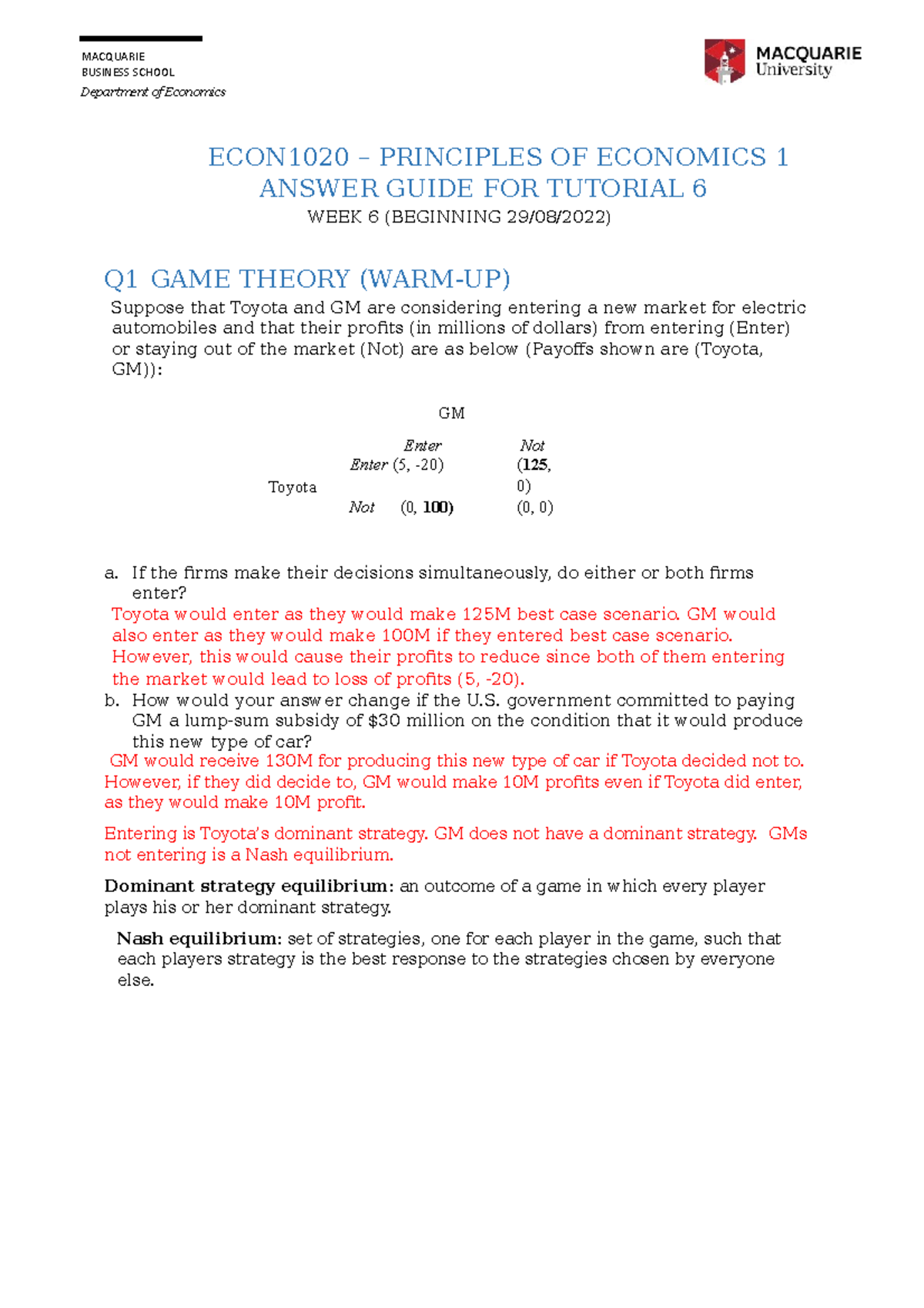 ECON1020 S2 2022 Week 6 Tutorial - Questions - BUSINESS SCHOOL ...