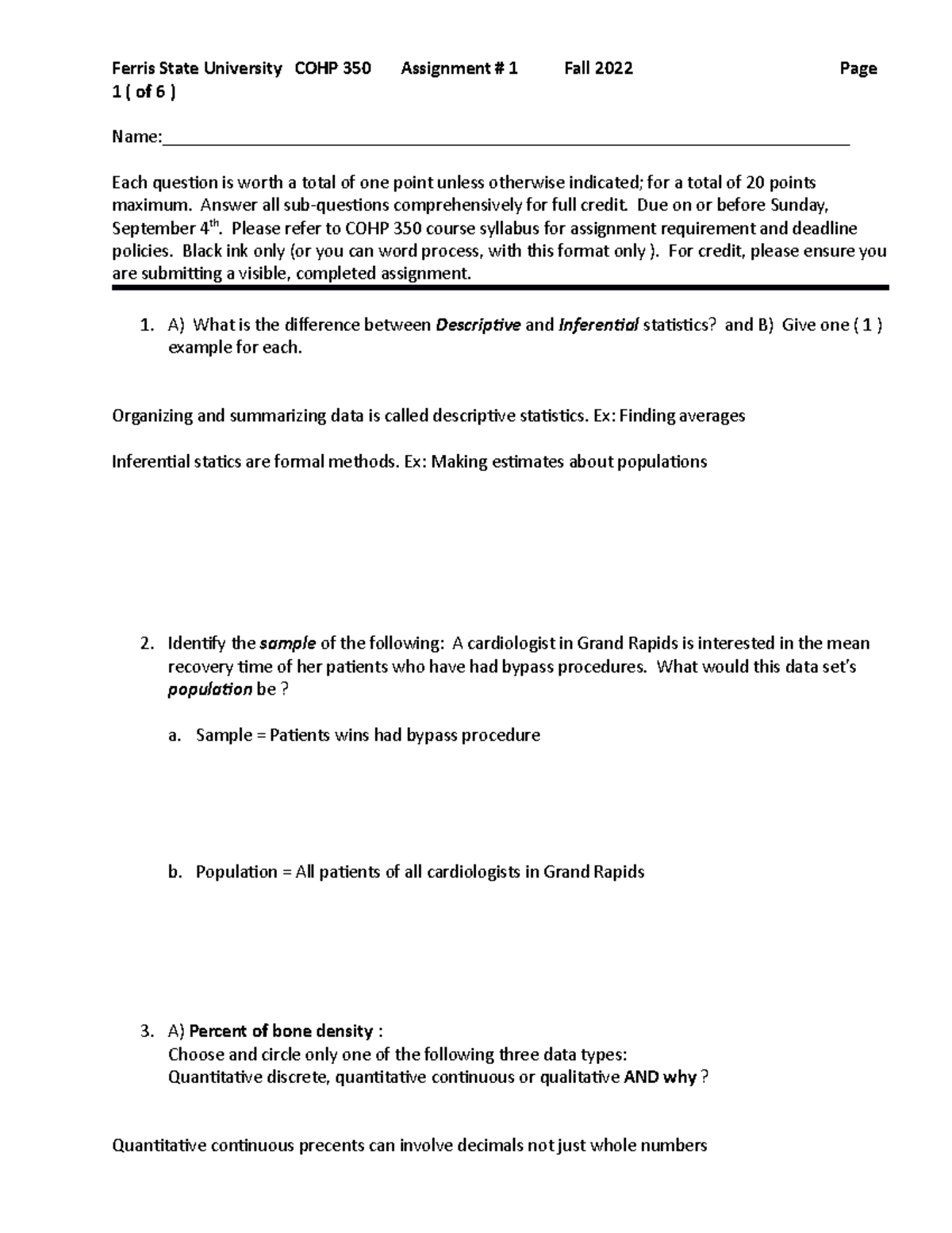 COHP 350 Assignment 1 - due 09042022 - Ferris State University COHP 350 ...
