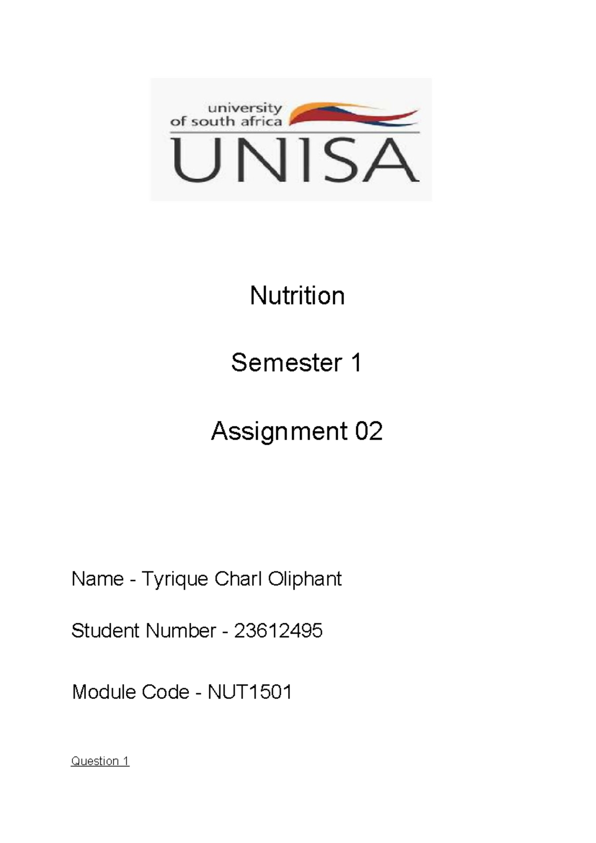 Nutrition Assignment 02 - Nutrition Semester 1 Assignment 02 Name ...