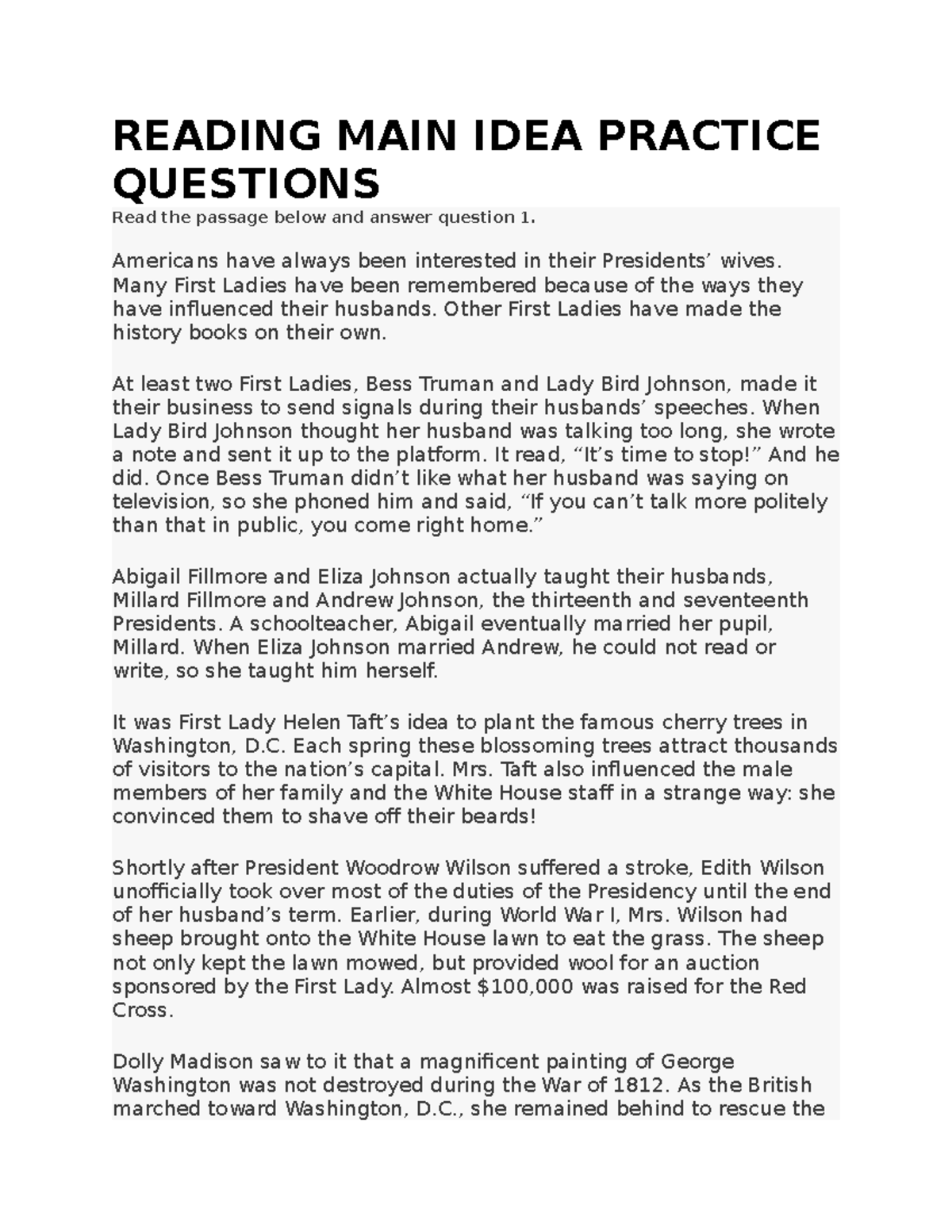 TRS501 - Important - READING MAIN IDEA PRACTICE QUESTIONS Read the ...