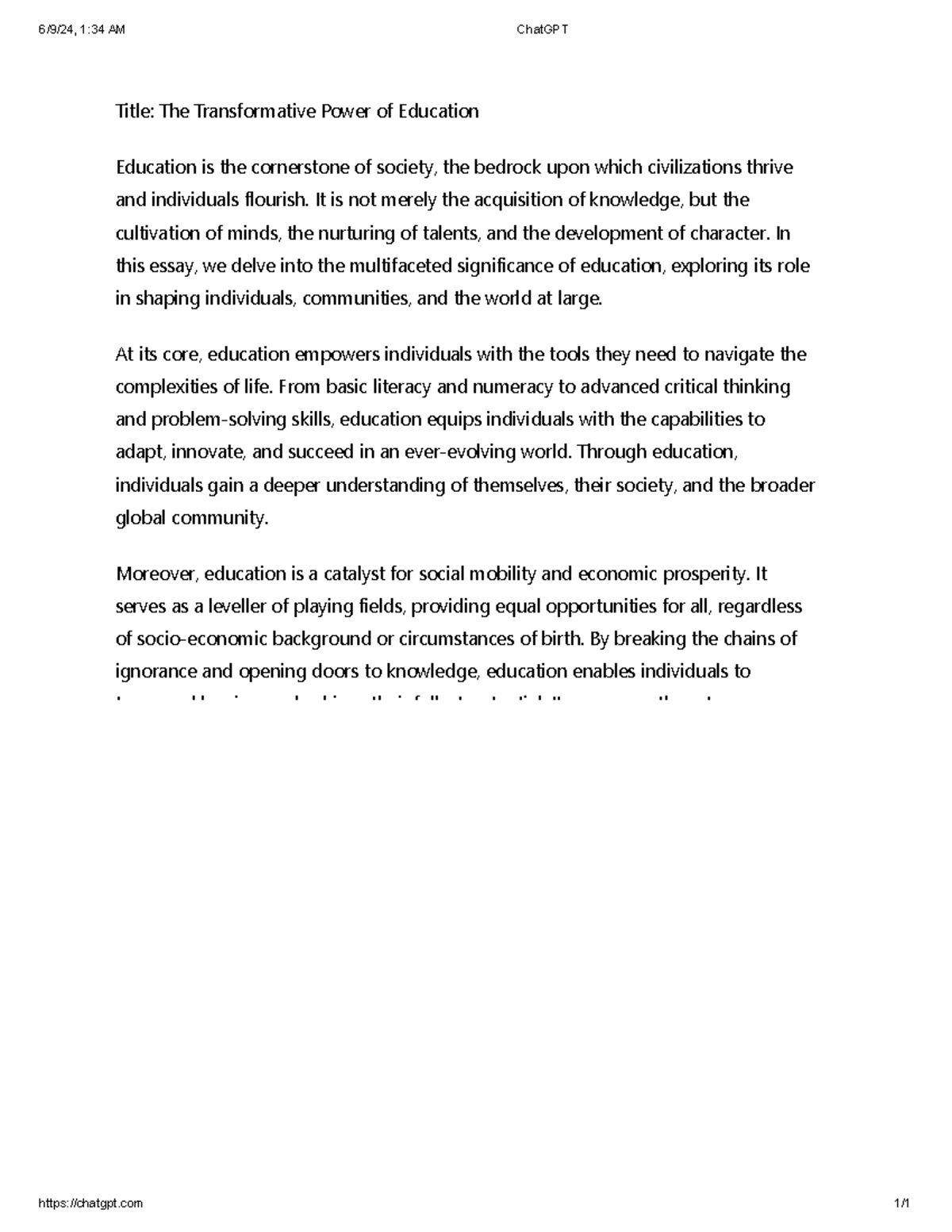 Essay - goods - Title: The Transformative Power of Education Education ...