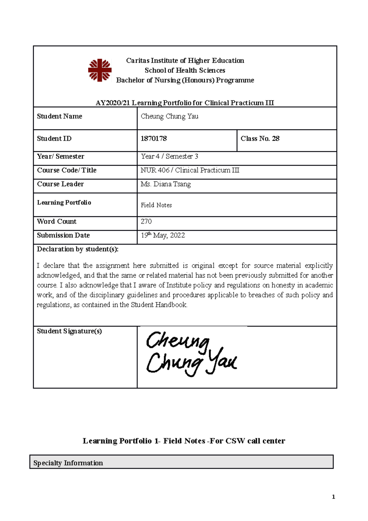 CP Field Notes CSW call centre - Caritas Institute of Higher Education ...