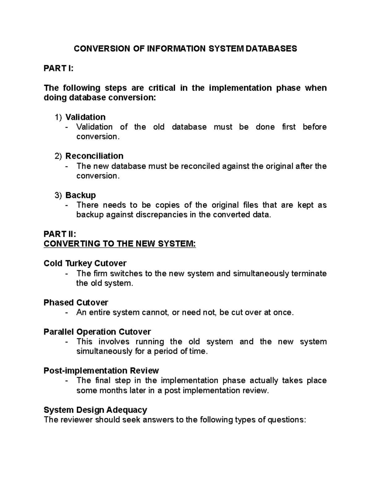 Conversion of Information System Databases - CONVERSION OF INFORMATION SYSTEM DATABASES PART I ...