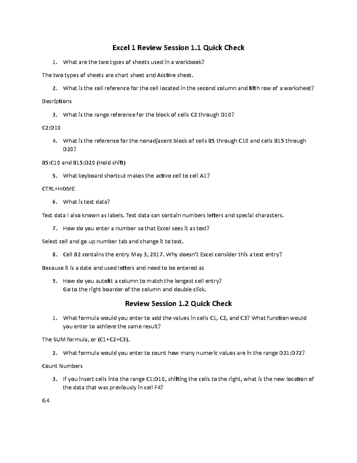 Excel 1 Review Questions - Excel 1 Review Session 1 Quick Check What are the two types of sheets ...