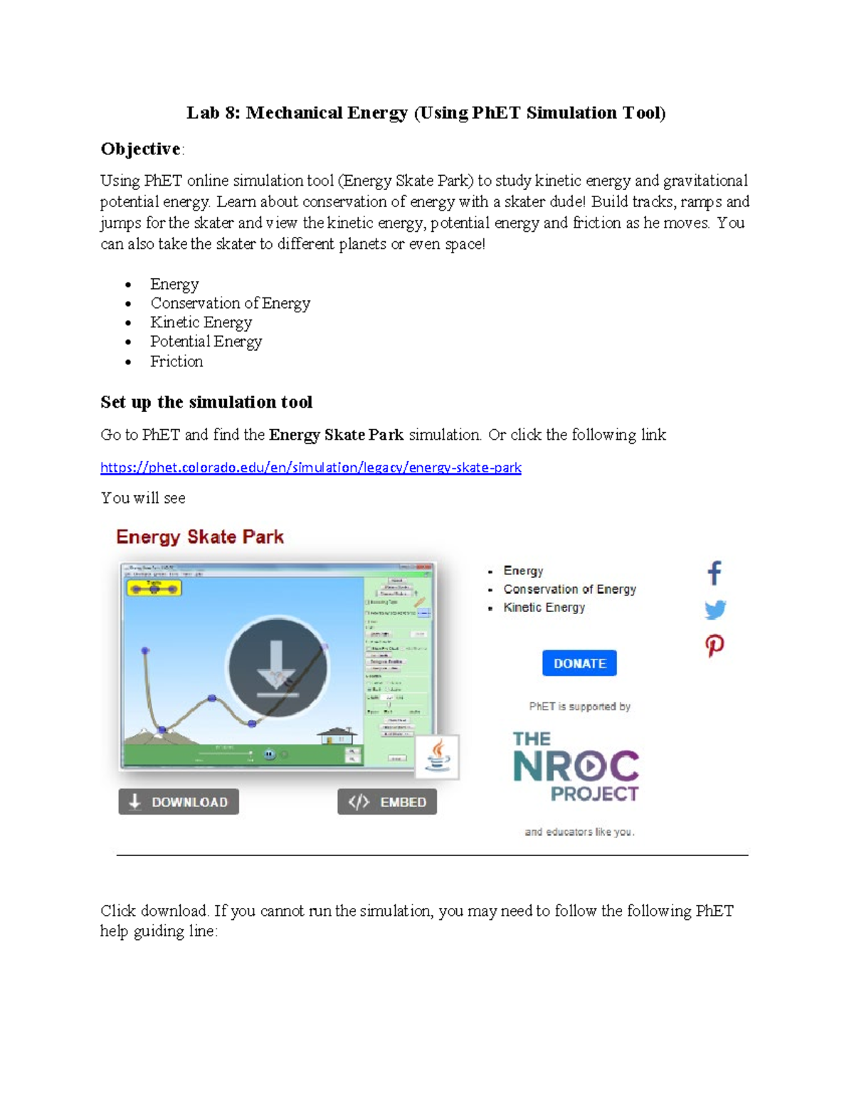 Lab 8 Mechanical Energy (Using Ph ET) - Learn about conservation of ...