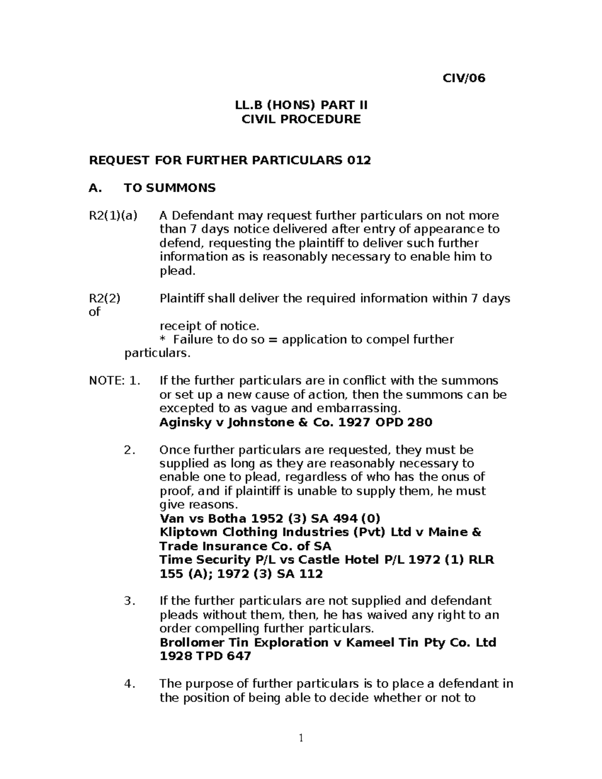 Request FOR Further Particulars - CIV/ LL (HONS) PART II CIVIL ...