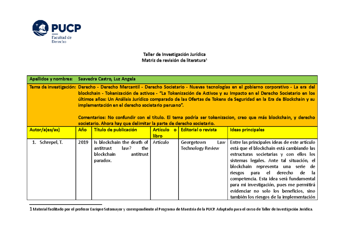 Matriz de trabajo de taller de investigación - Taller de Investigación ...