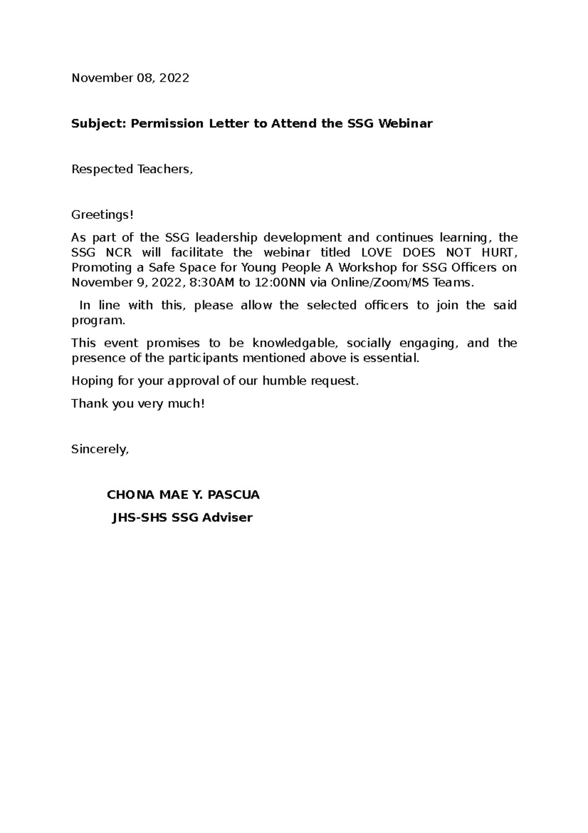 SSG Webinar Excuse Letter November 08 2022 Subject Permission