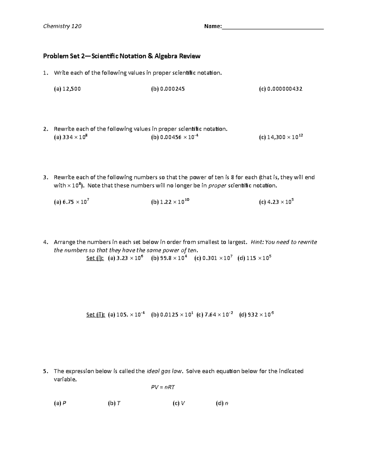 02 Sci Notation Algebra - Chemistry 120 Name ...