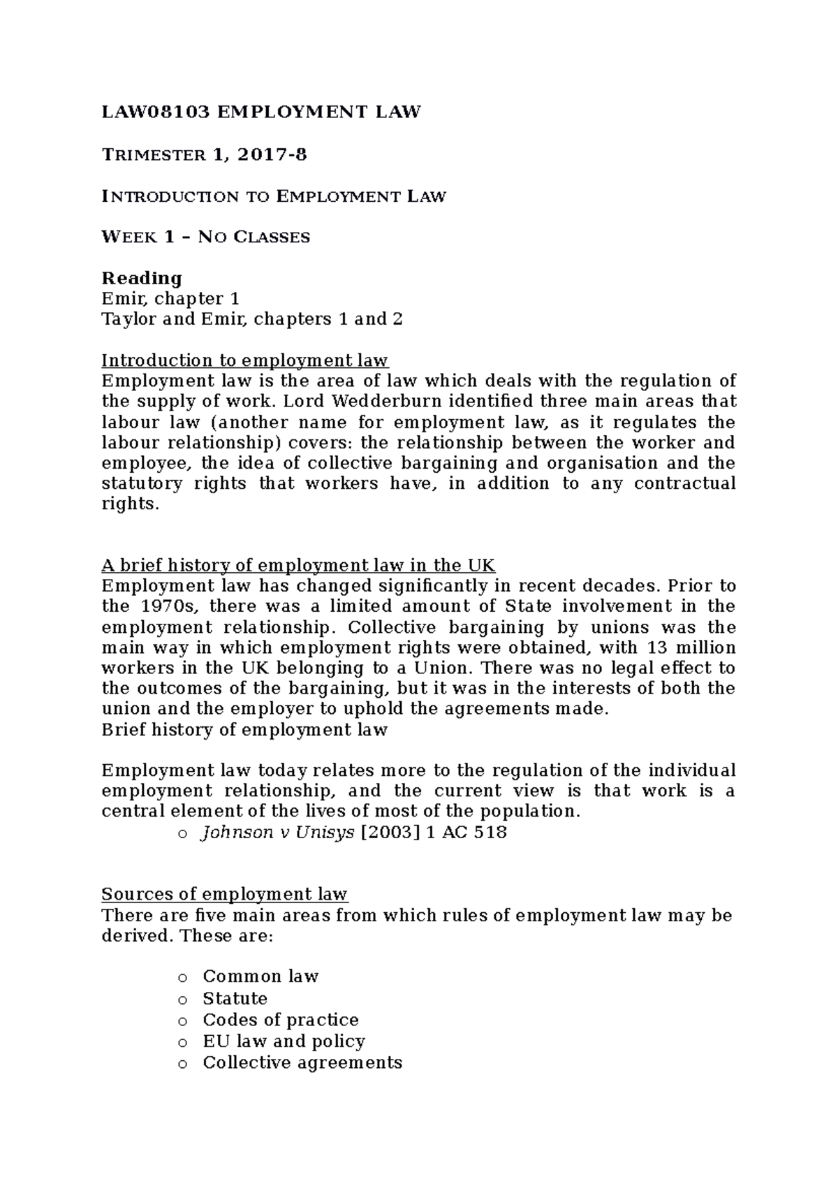 Introduction to Employment Law - LAW08103 EMPLOYMENT LAW TRIMESTER 1 ...