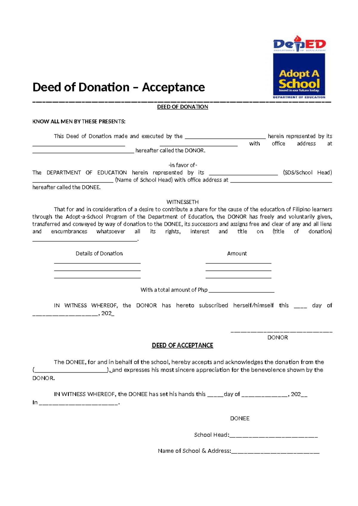 DEED-OF- Donation - Deed of Donation – Acceptance - Studocu