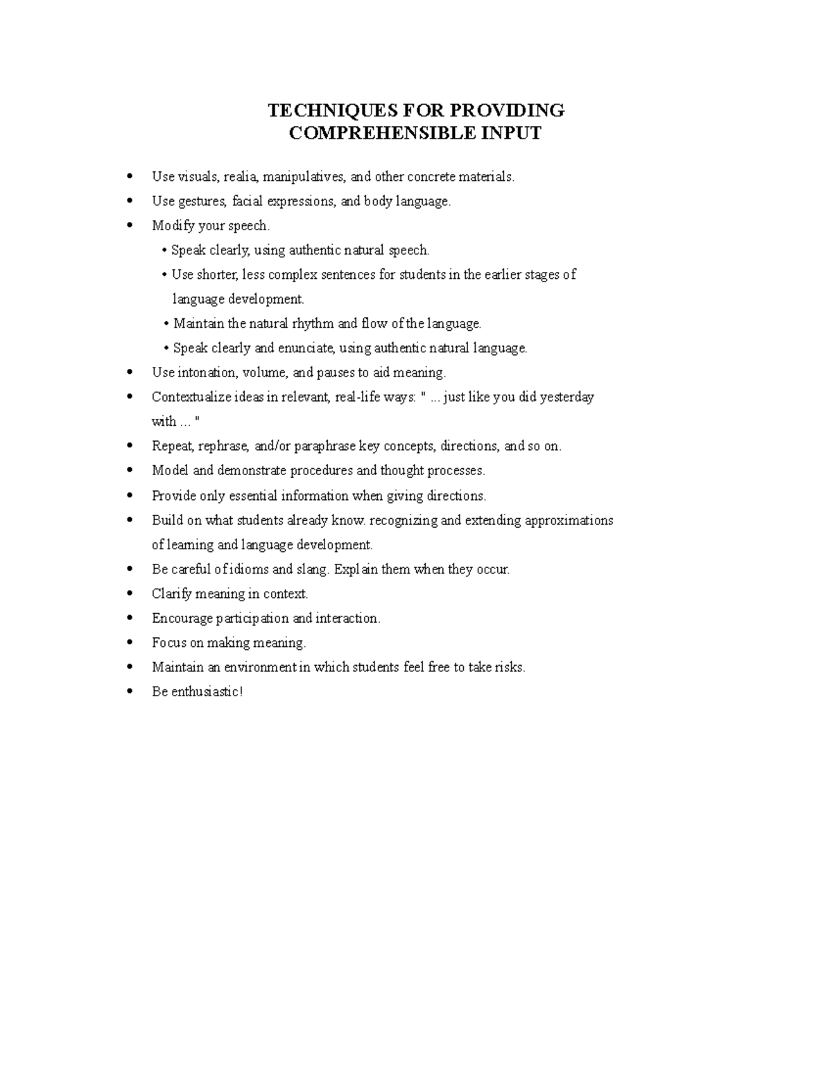 Techniques for providing comprehensible input - TECHNIQUES FOR ...