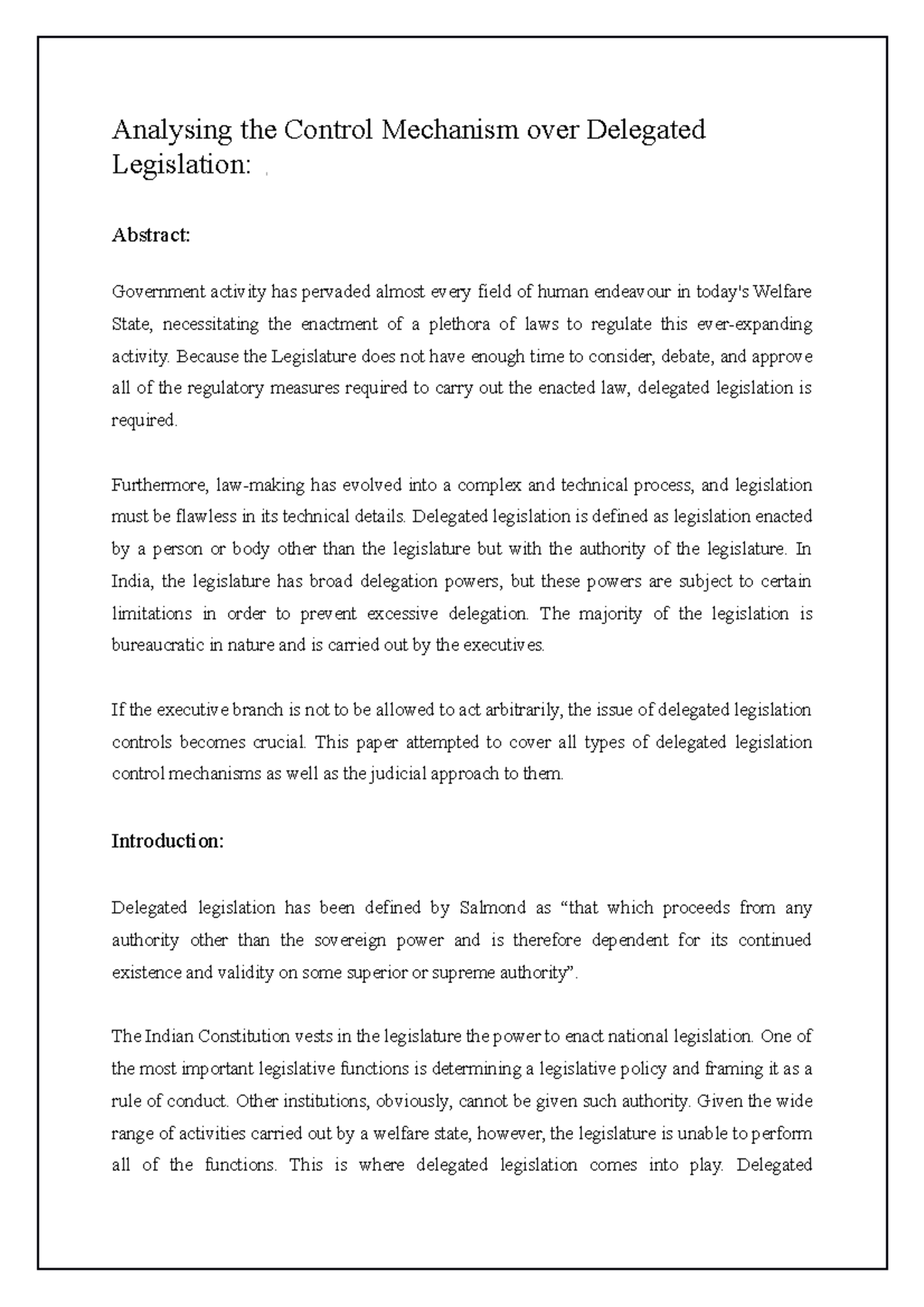 Control Mechanism over delegated legislation - Analysing the Control ...