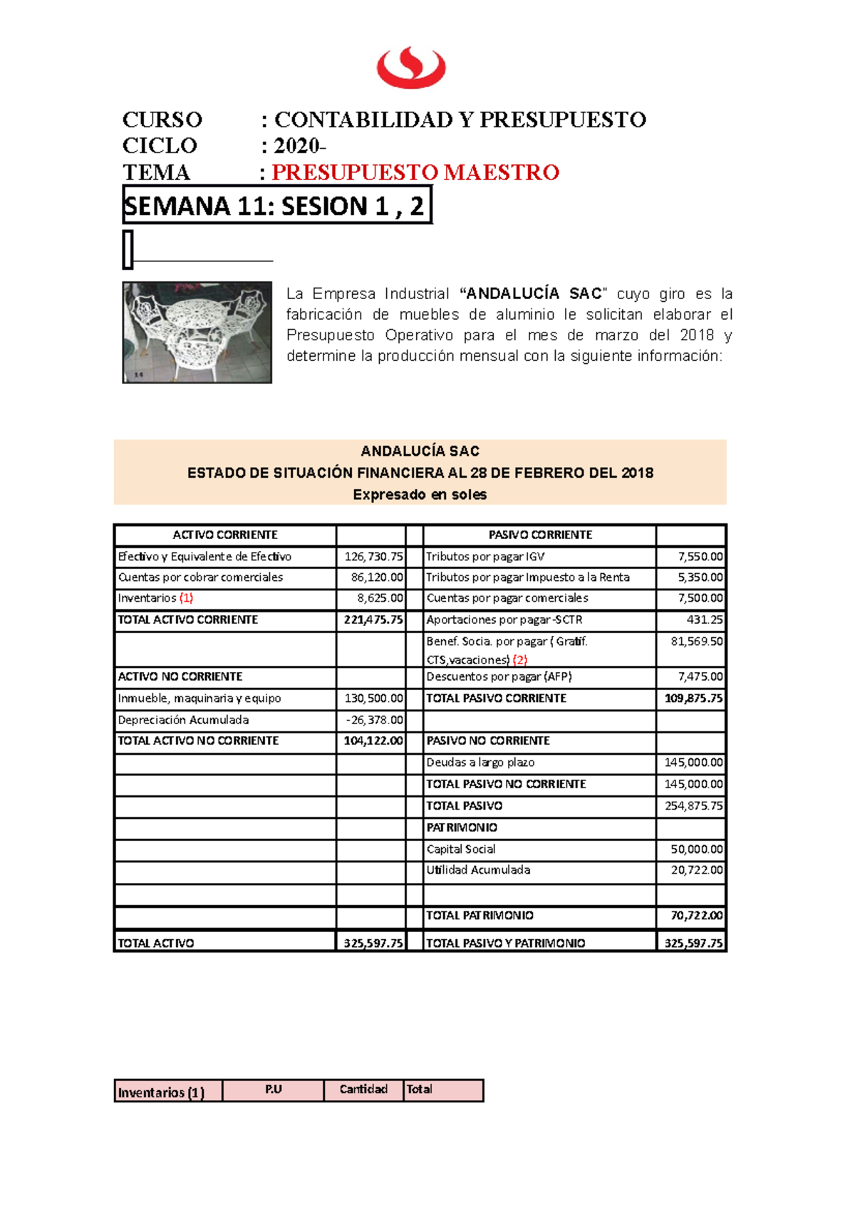 PM Anadalucia SAC Planteamiento - CURSO : CONTABILIDAD Y PRESUPUESTO CICLO : 2020- TEMA : - Studocu
