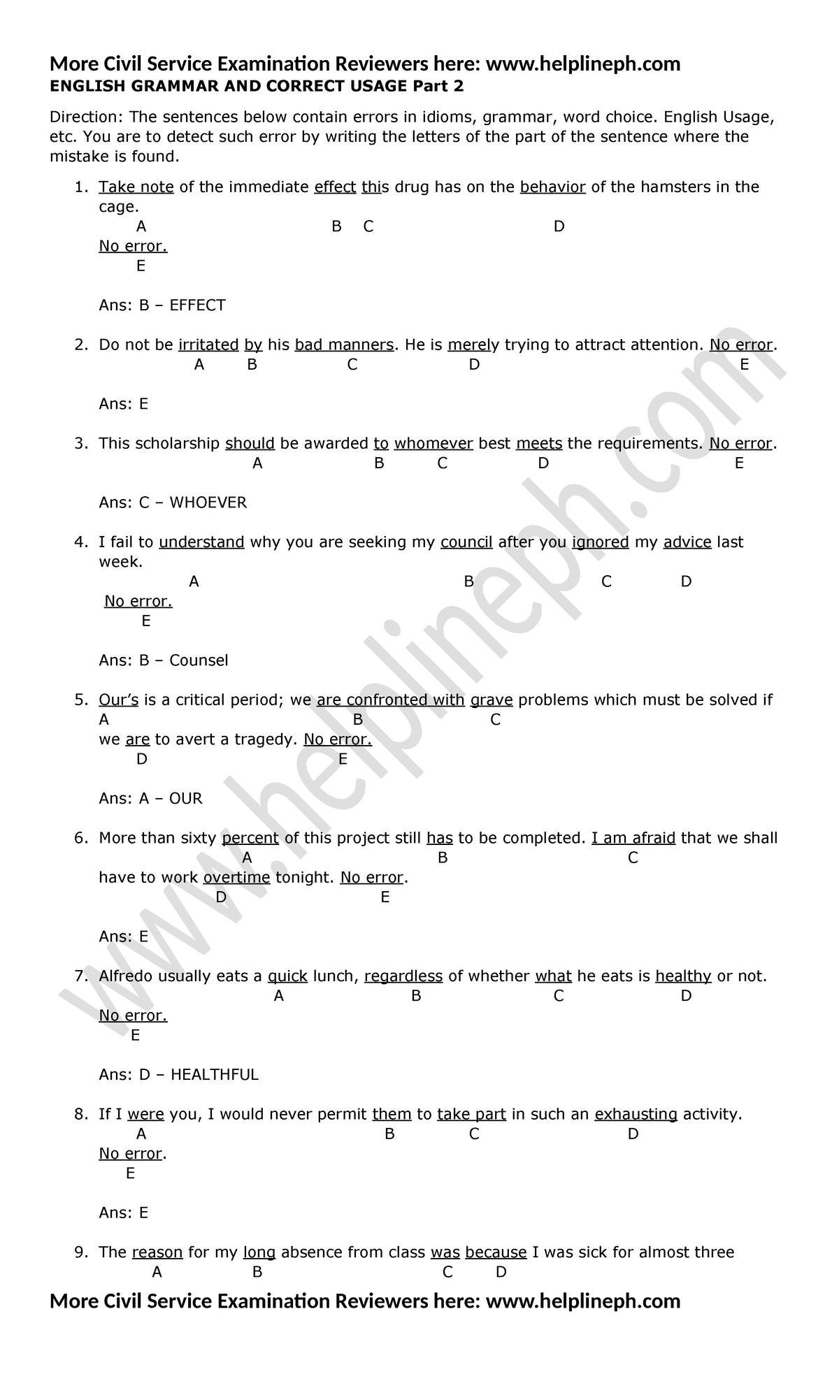 English Grammar and Correct Usage Part 2 2 - More Civil Service Examina ...