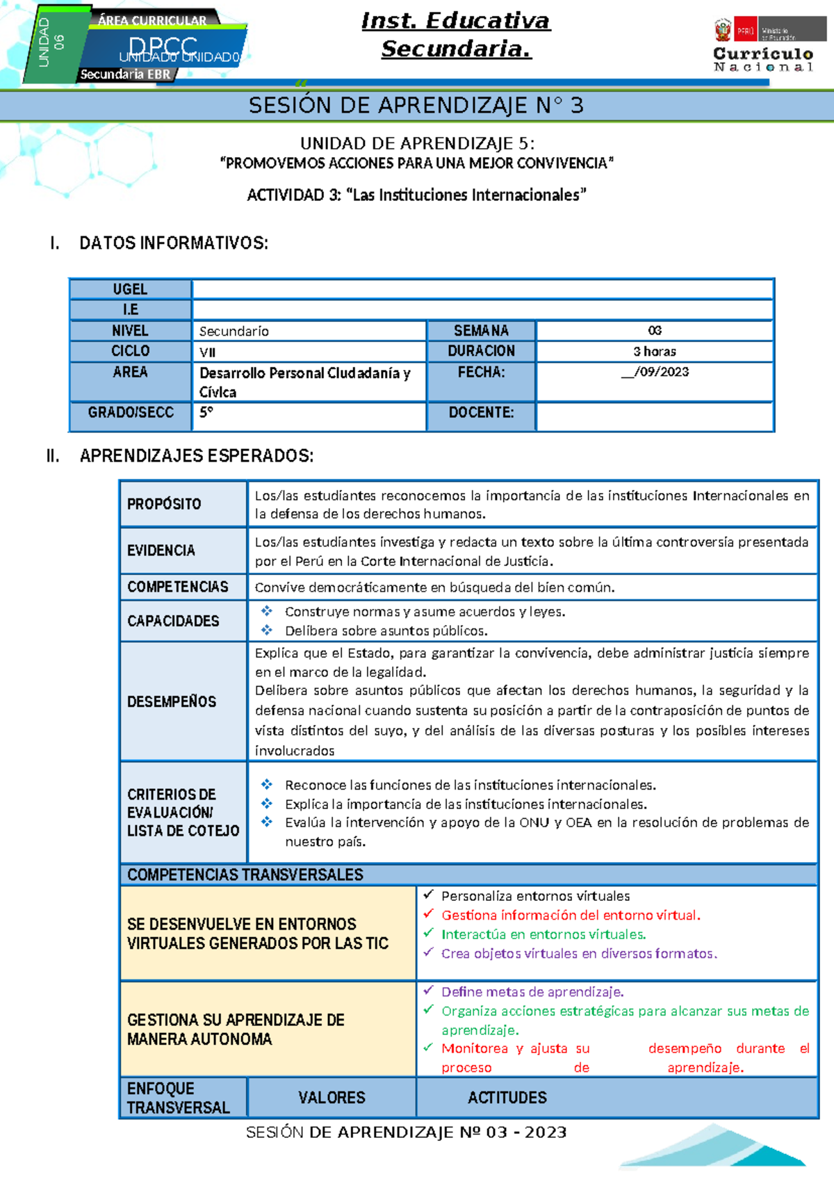 5º DPCC- SES 3 UNI 6 - SEM 03 - UNIDAD 06 Secundaria EBR DPCC Inst. Educativa Secundaria. - Studocu