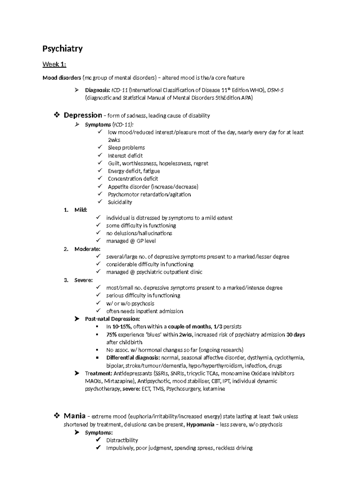 Psychiatry Notes - Psychiatry Week 1: Mood disorders (mc group of ...