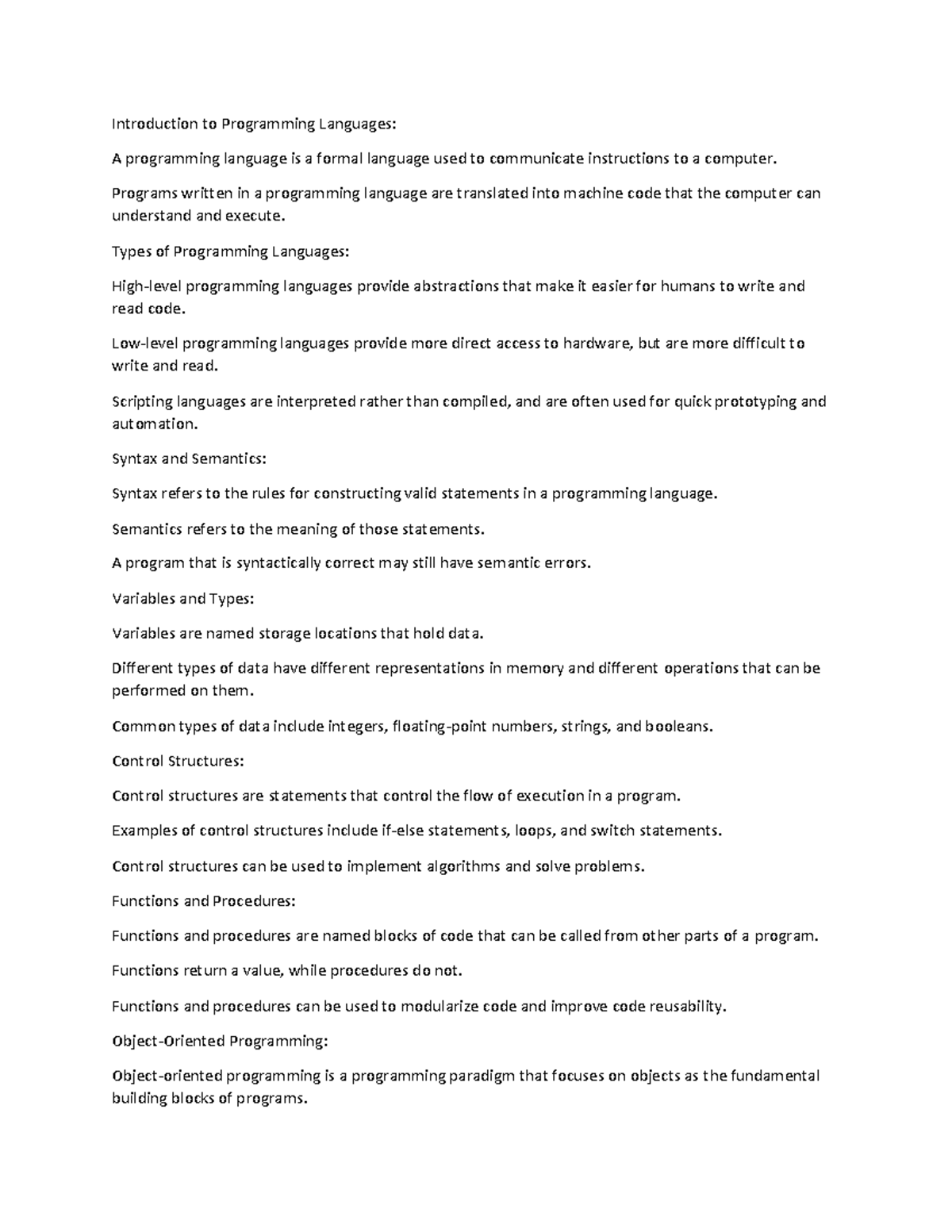 Compsci - Introduction to Programming Languages: A programming language is a formal language ...