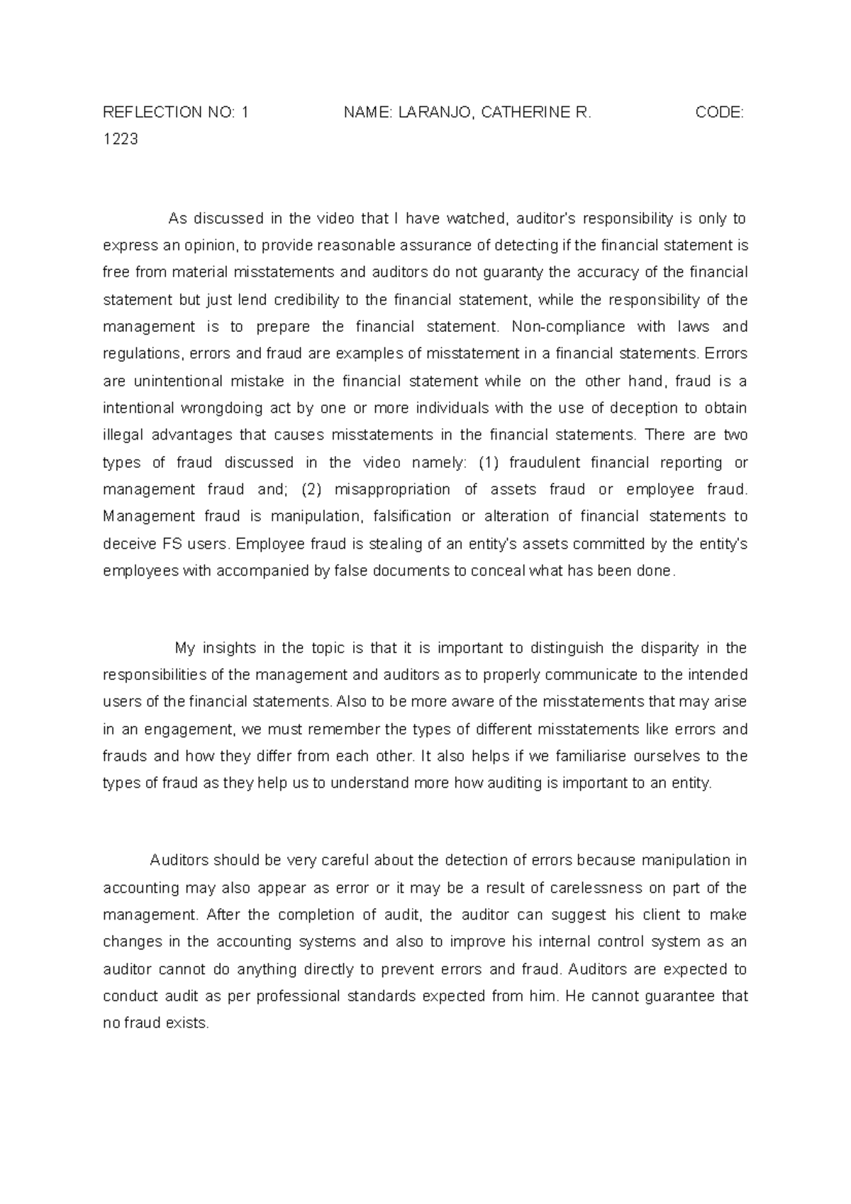 Audit Reflection - REFLECTION NO: 1 NAME: LARANJO, CATHERINE R. CODE ...