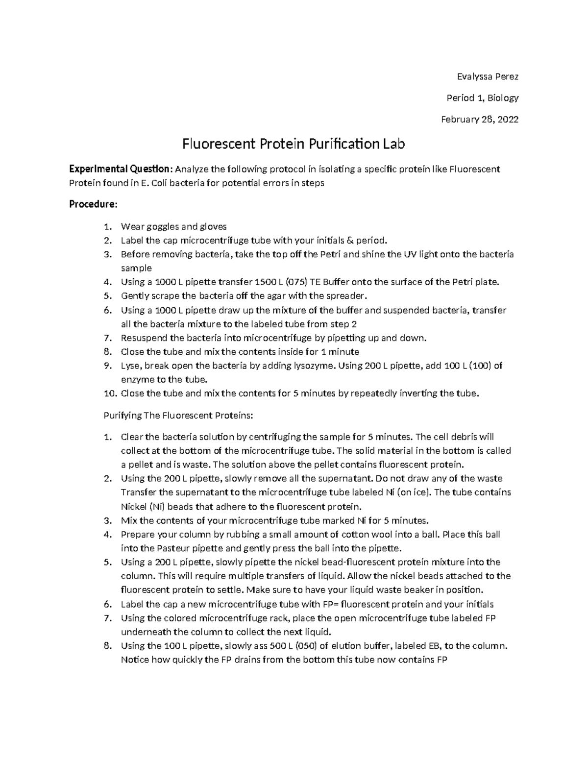 Fluorescent Protein Lab (1) - Evalyssa Perez Period 1, Biology February ...