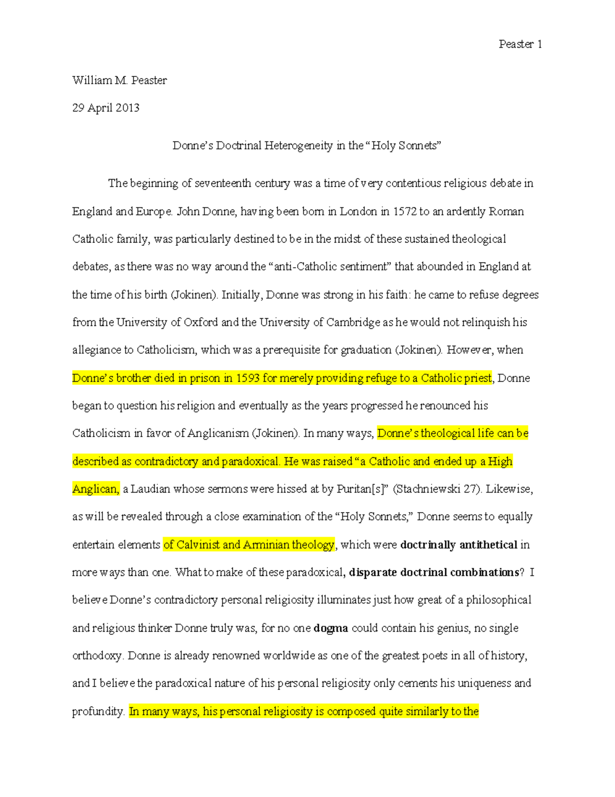 John Donne s Doctrinal Heterogeneity in - William M. Peaster 29 April 2013 Donne’s Doctrinal ...