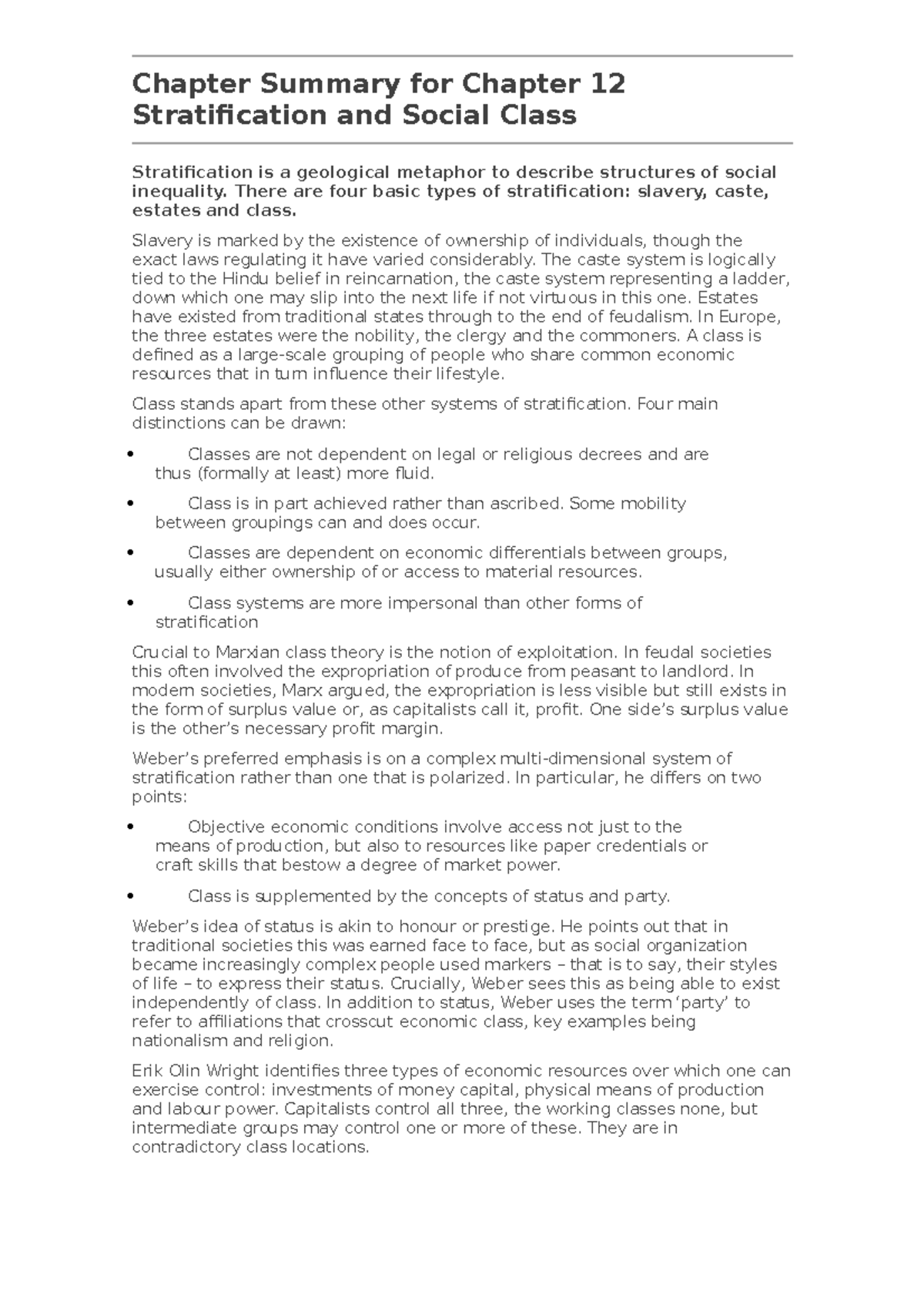 Chapter 12. Stratification and Social Class - Chapter Summary for ...