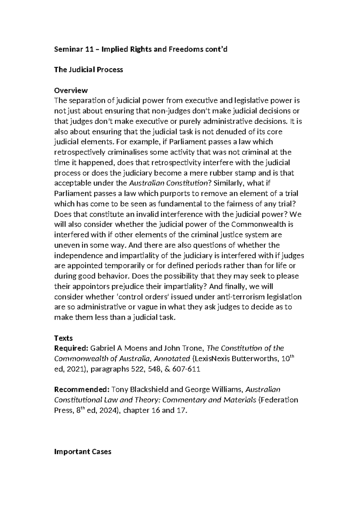 Seminar 11 Week 11 Constitutional Notes Week 11 - Seminar 11 – Implied ...