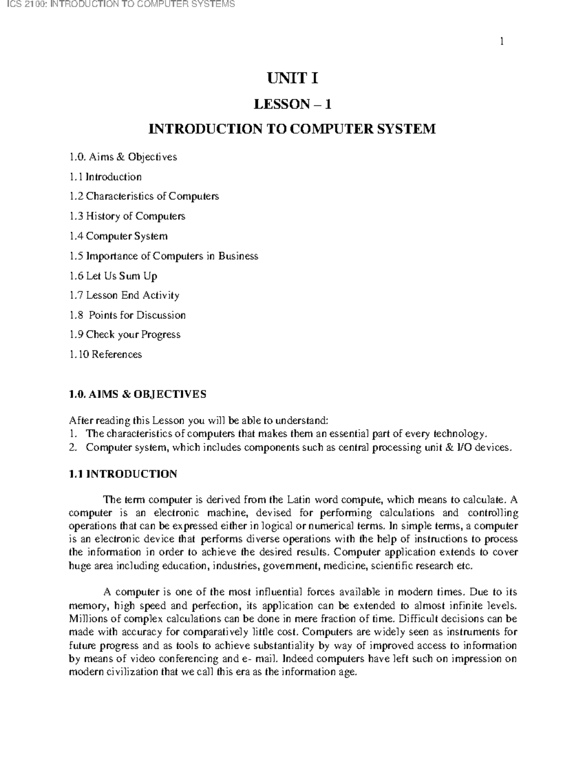 ICS 2100 Introduction TO Computer Systems Class Notes - 1 UNIT I LESSON ...