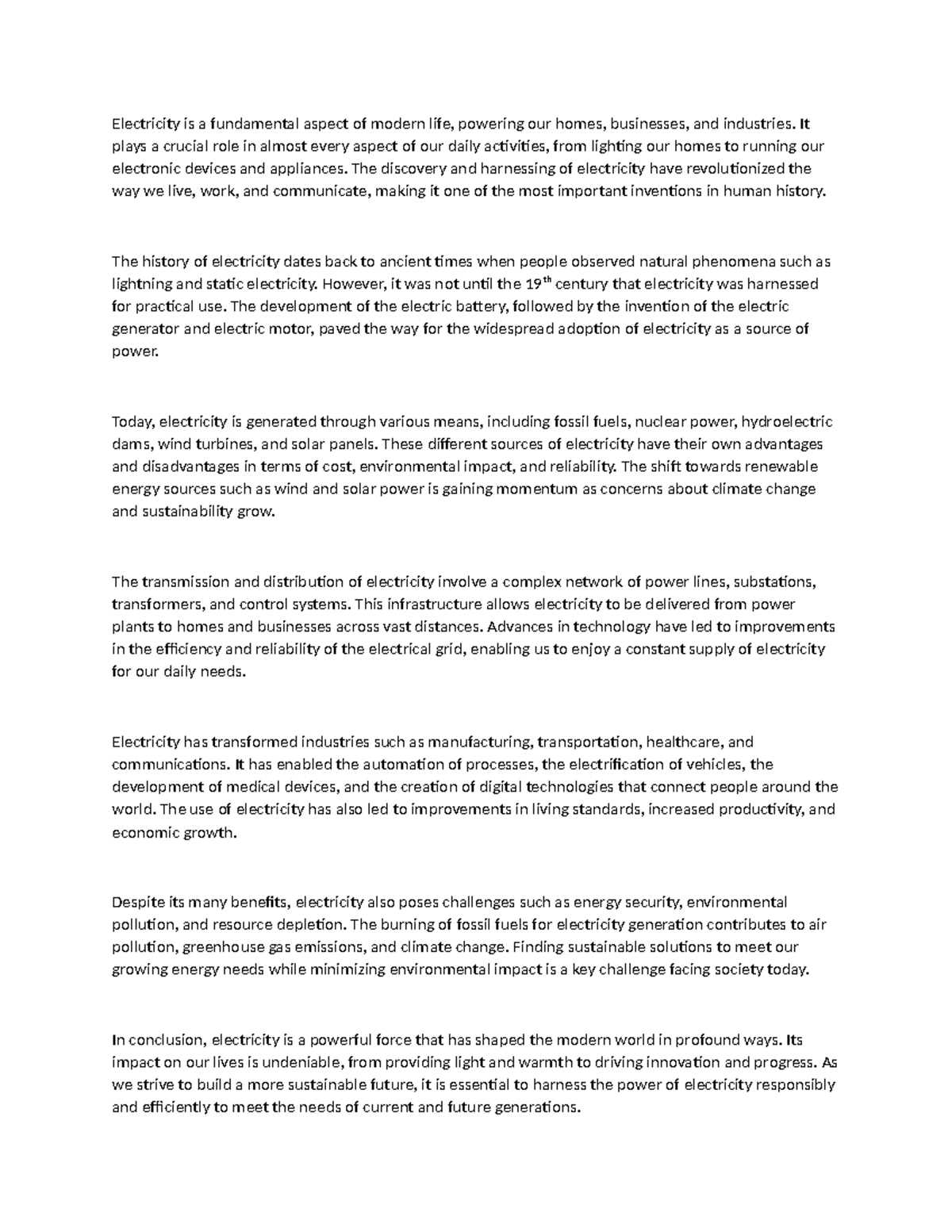Electricity essay - Electricity is a fundamental aspect of modern life ...