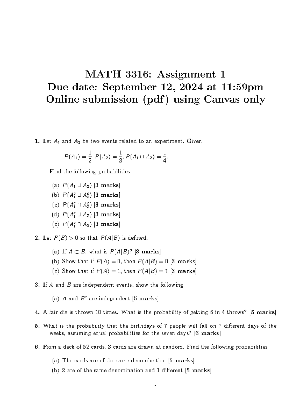A1 - Assignment 1 probabilty - MATH 3316: Assignment 1 Due date ...