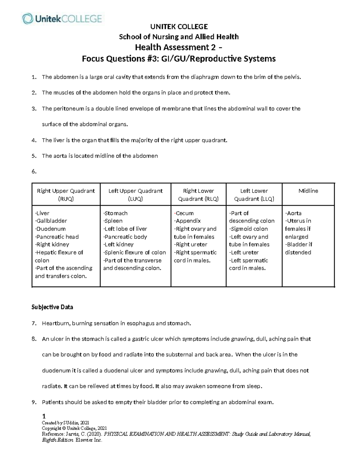 Focus Questions 3- GI, GU, and Reproductive Systems - UNITEK COLLEGE ...