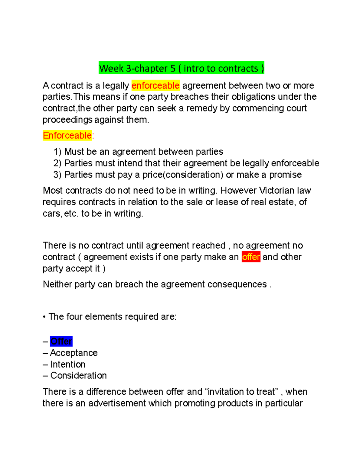 Business and company law - Week 3-chapter 5 ( intro to contracts ) A contract is a legally - Studocu