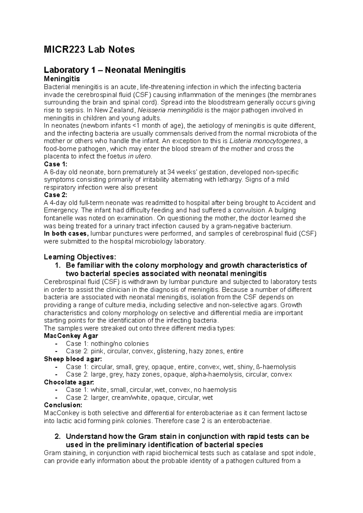MICR223 Lab Notes - MICR223 Lab Notes Laboratory 1 – Neonatal ...