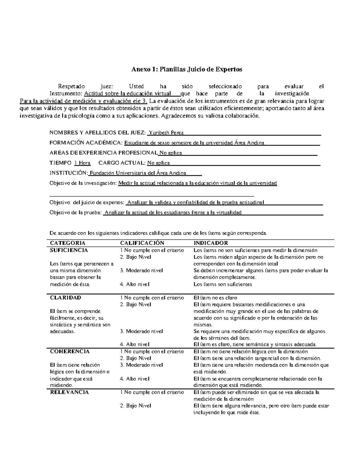 Juicio de expertos yuribeth - Anexo 1: Planillas Juicio de Expertos ...