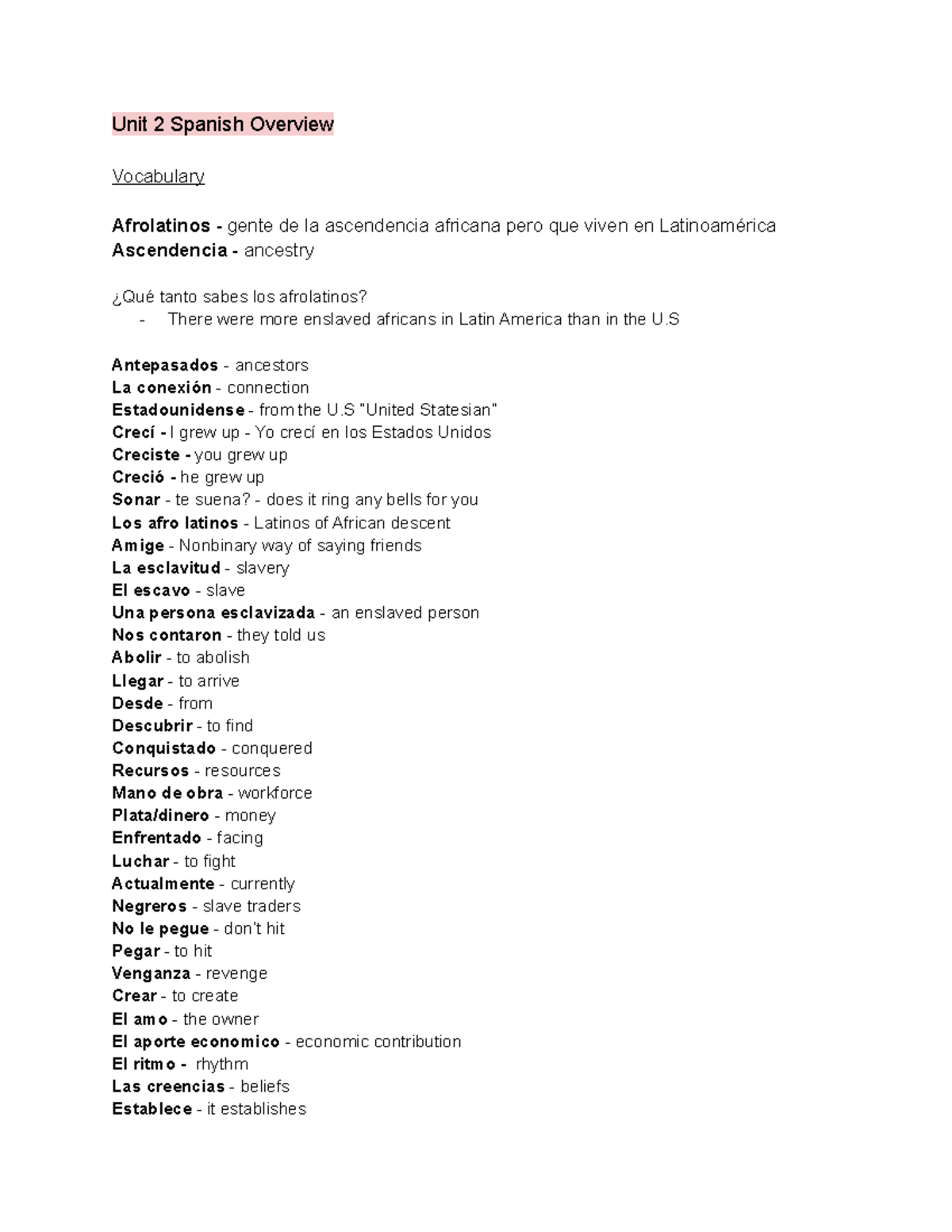 Unit 2 Spanish Overview - Unit 2 Spanish Overview Vocabulary ...